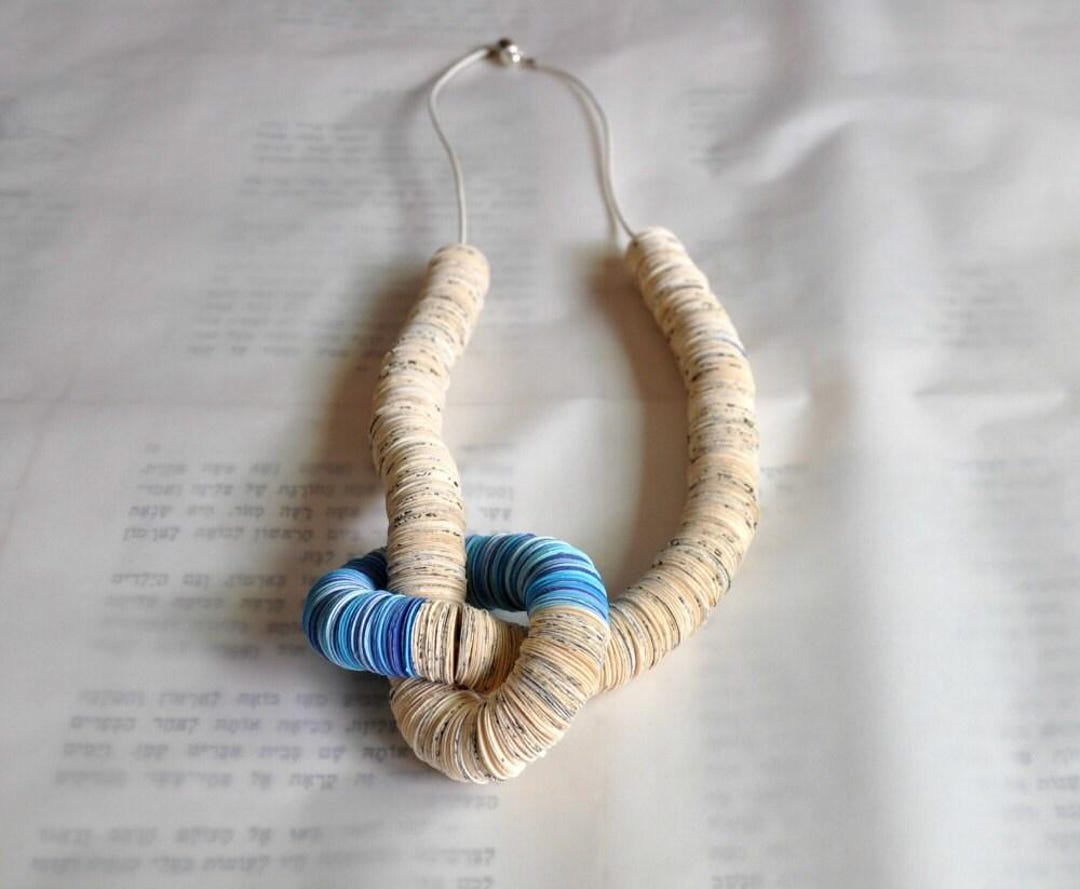 Paper Bead Necklace, Blue Book Page Jewelry, Lightweight Bohemian ...