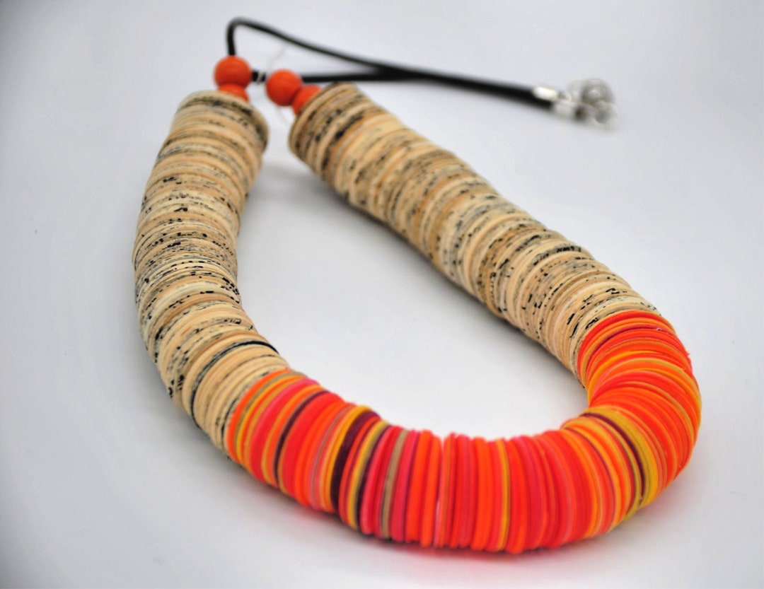 Orange Bead Necklace, Boho Paper Jewelry, Paper Bead Necklace, Chunky ...