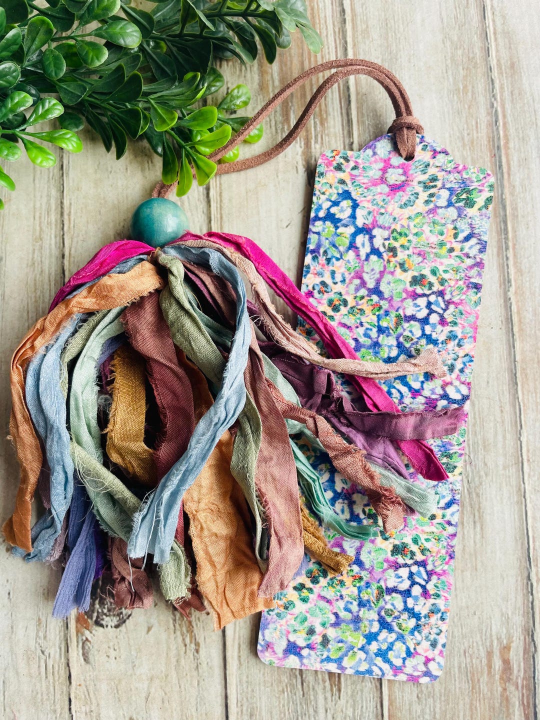 Boho Leather Cork Sari Silk Tassel Bookmark/bookmark/floral Bookmark ...