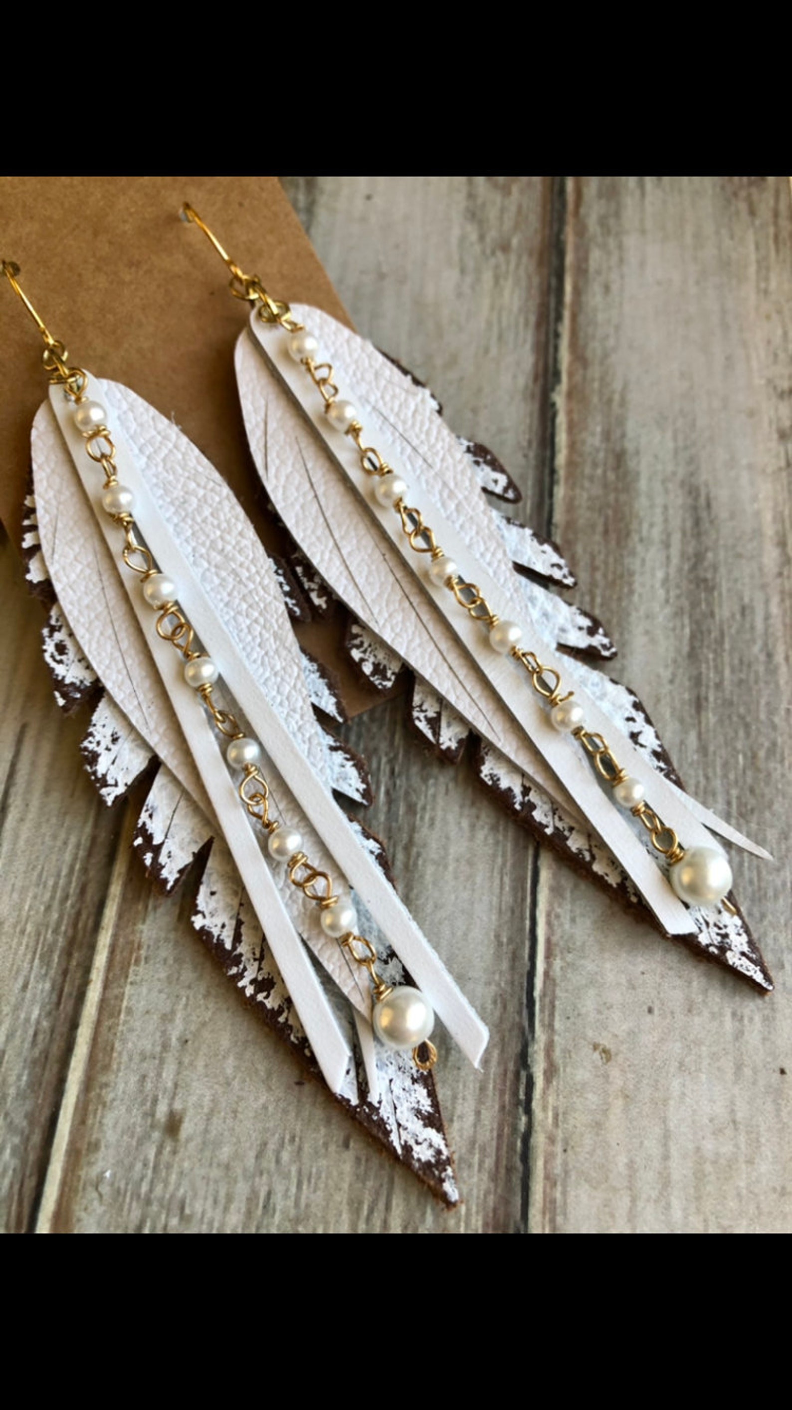 Distressed Fringe Brown Snow White Feather Pearl Earring/fringe Earring ...