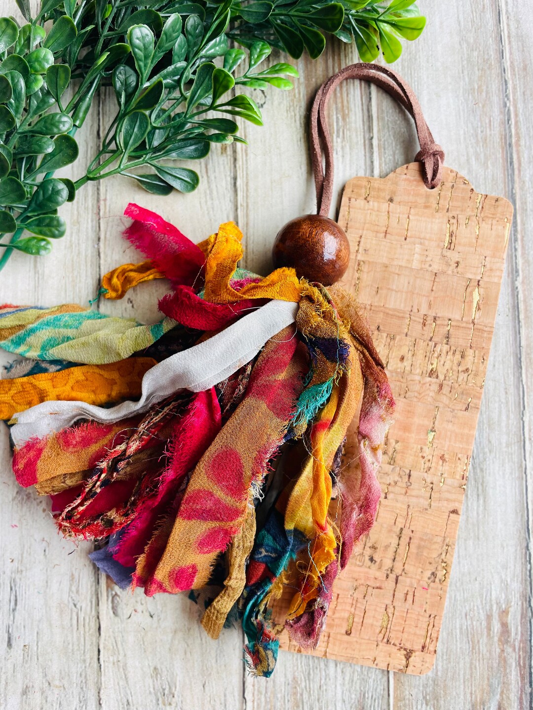 Boho Leather Cork Sari Silk Tassel Bookmark/bookmark/gold Nat Cork ...