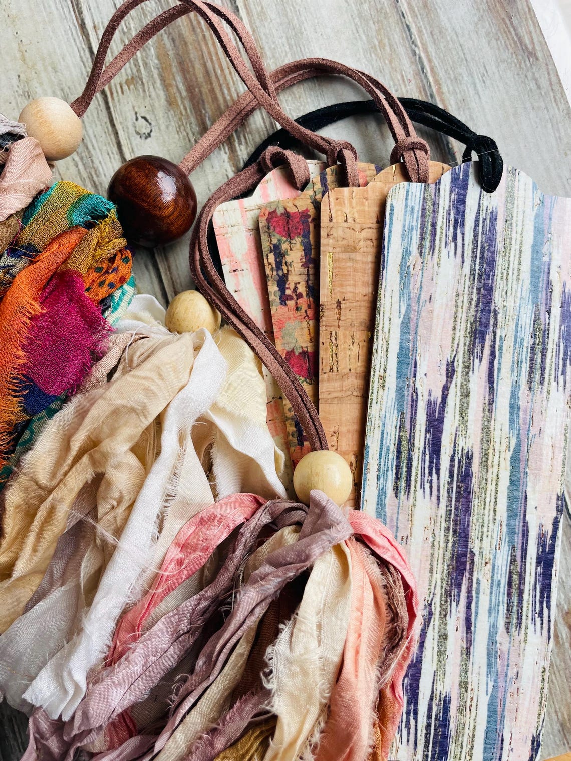 Boho Leather Cork Sari Silk Tassel Bookmark/bookmark/blue Cork Bookmark ...