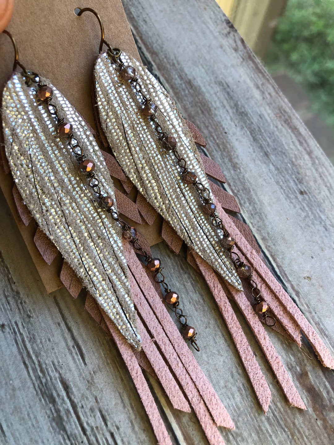 Musty Pink Stingray Crystal Chain Feather Leather Earring/boho Leather ...