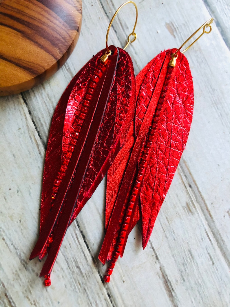 Red Foil Metallic Bling Feather Earring/feather Earring/red Feather/red ...