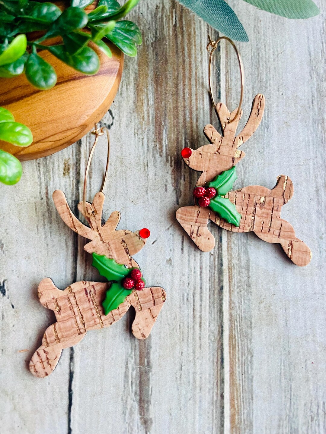 Red Nose Reindeer Mistletoe Earring/reindeercork Leather Dangle Earring ...