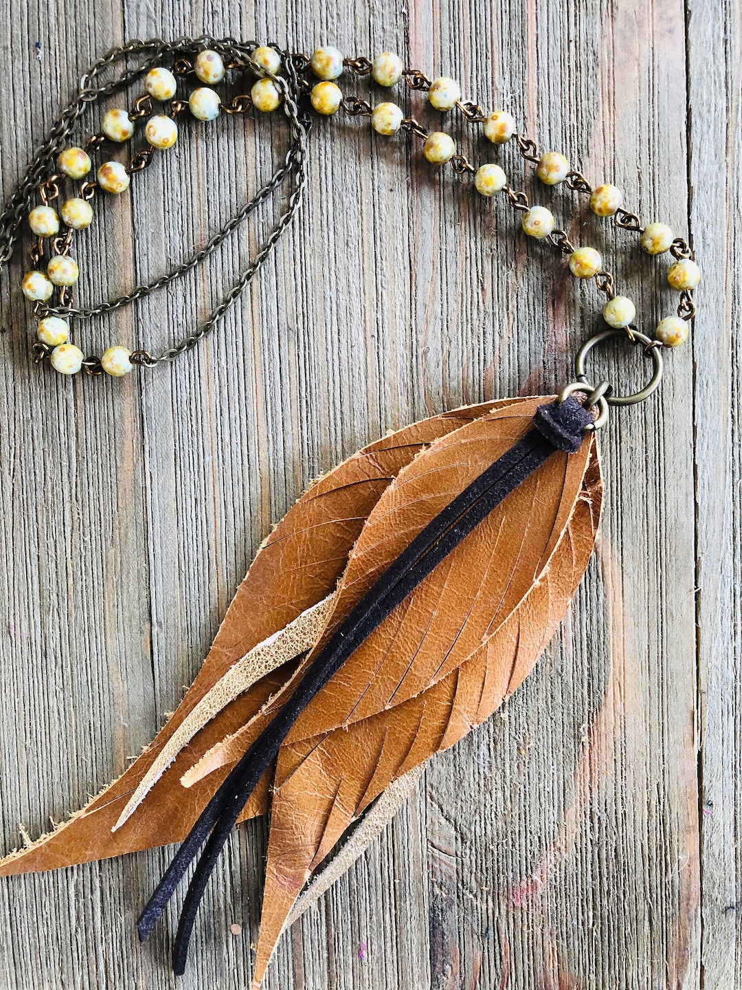 Czech Boho Glass Bead Brown Tan Feather Necklace/feather - Etsy