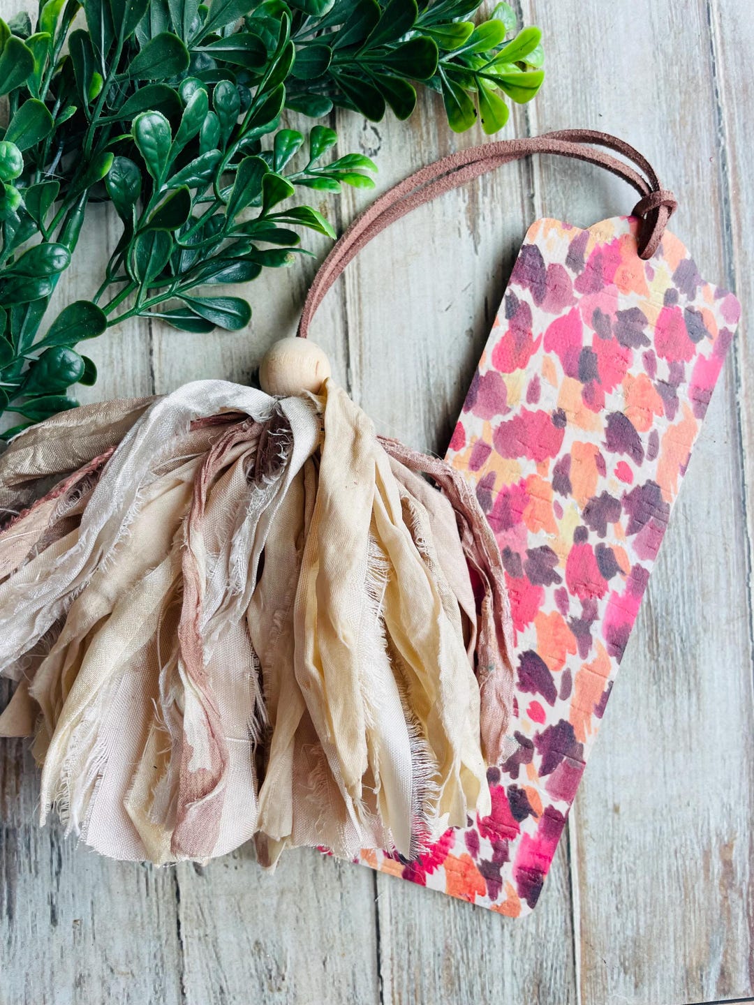 Boho Leather Cork Sari Silk Tassel Bookmark/bookmark/pink Bookmark/bead ...