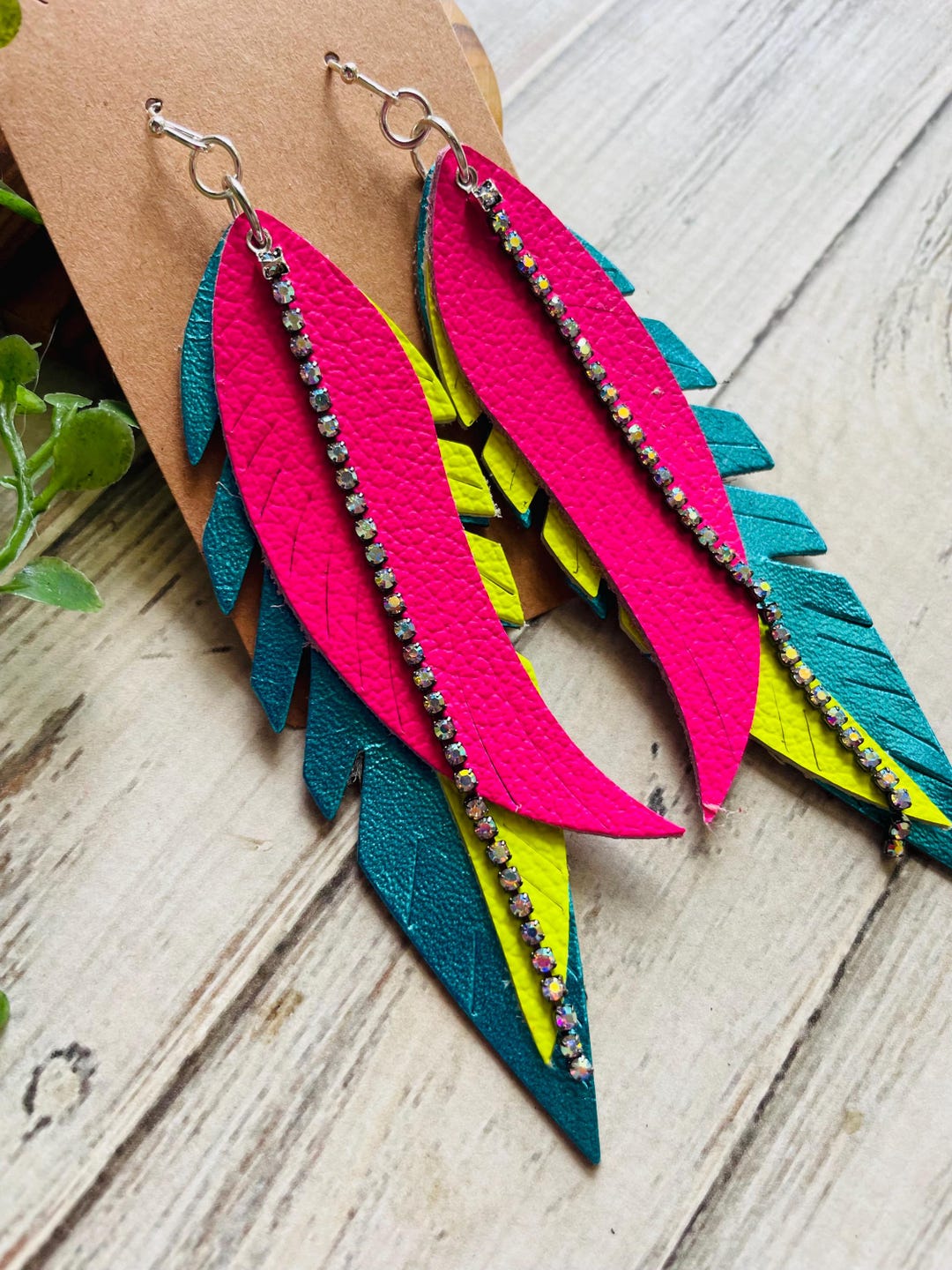 Metallic Blue Neon Pink Yellow Bling Leather Feather Earring/dangle ...