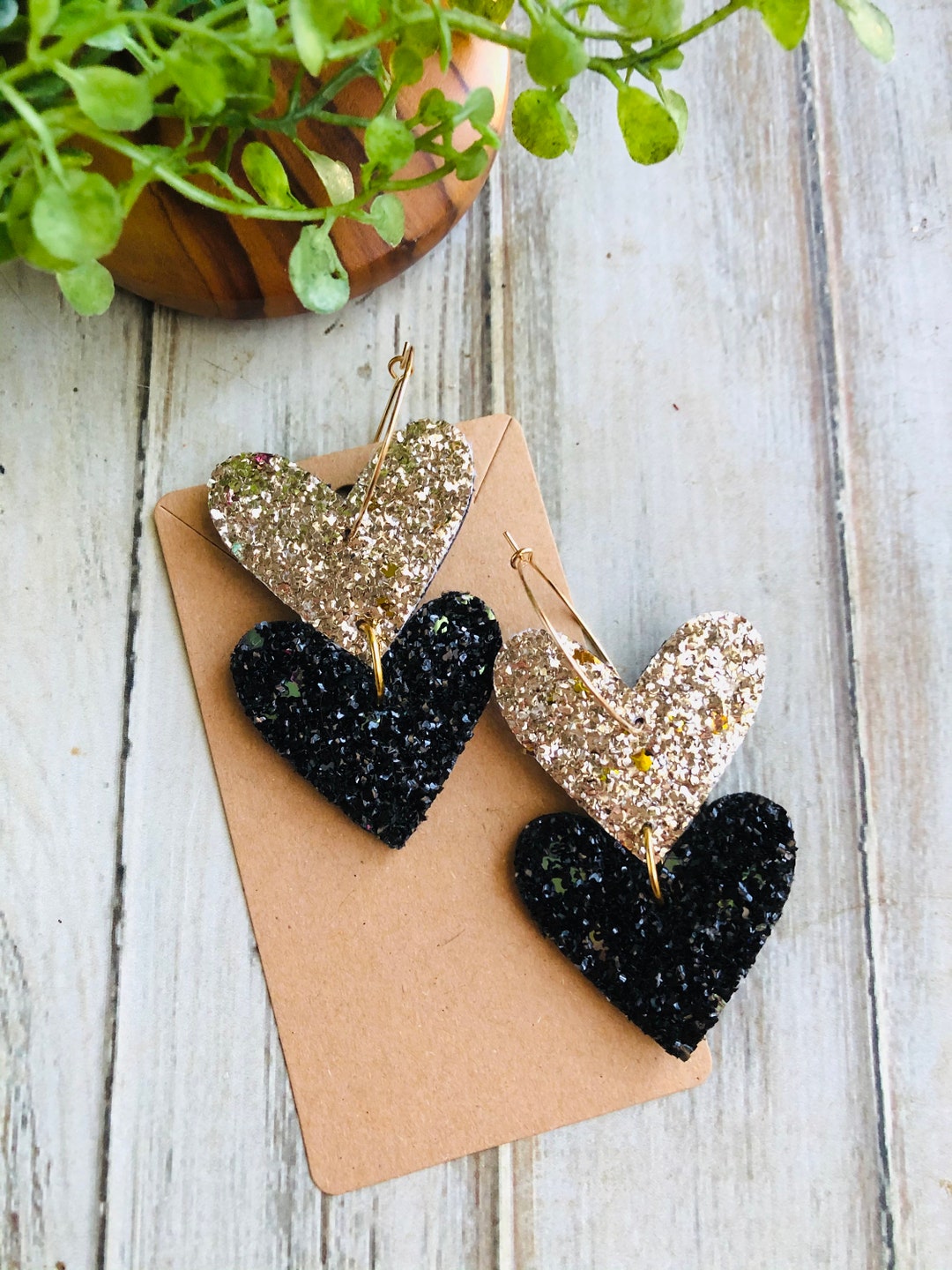 Double Gold Black Glitter Leather Heart Hoop Dangle Earring/glitter ...