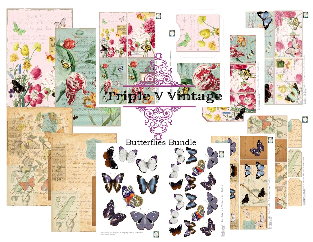 Butterfly Bundle Digital Kit, Journal, Ephemera, Butterflies, Flowers ...