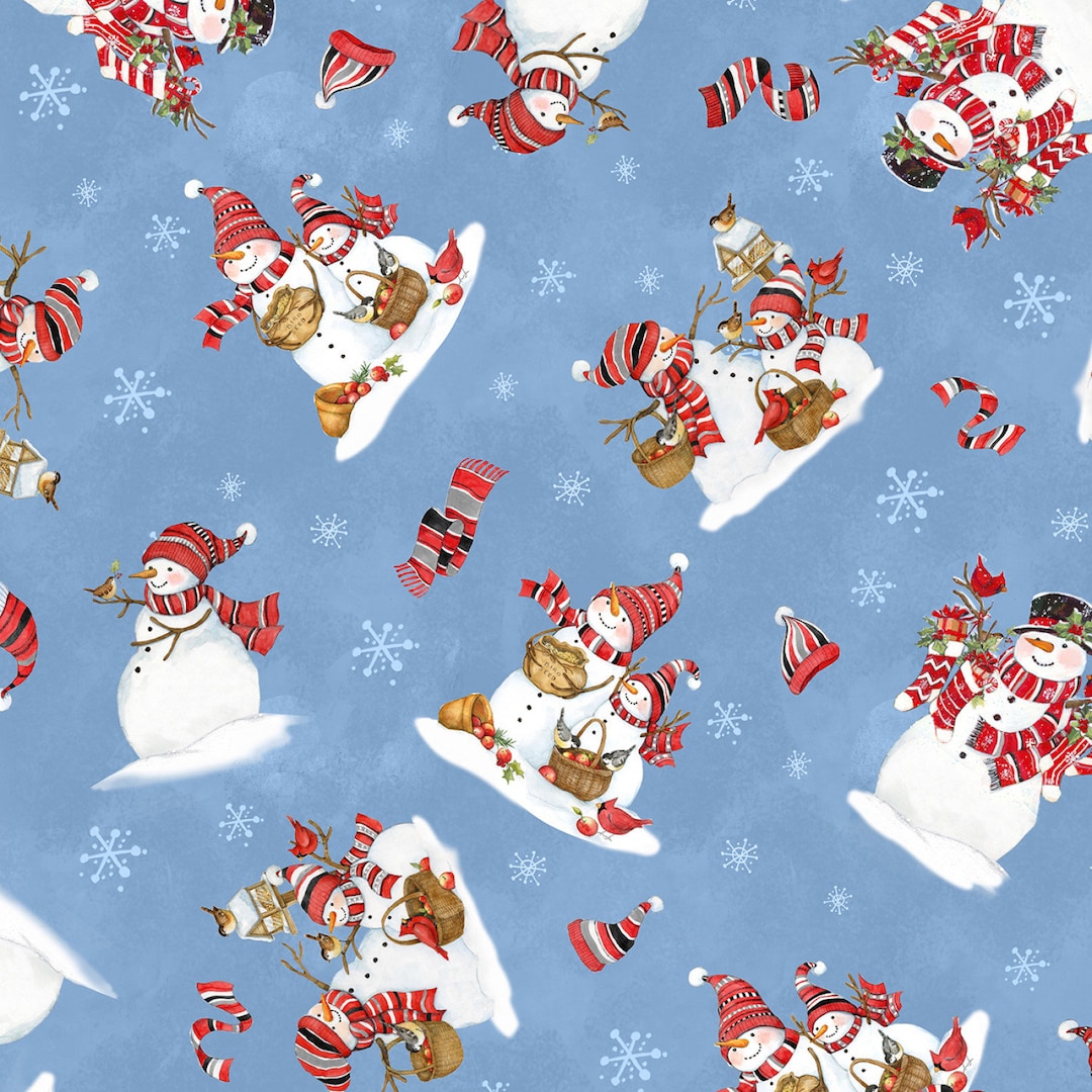 Snowman Fabric - Frosty Frolic - Susan Winget - 1/4 Yard Price Cut Continuous - Blue Snowmen ...