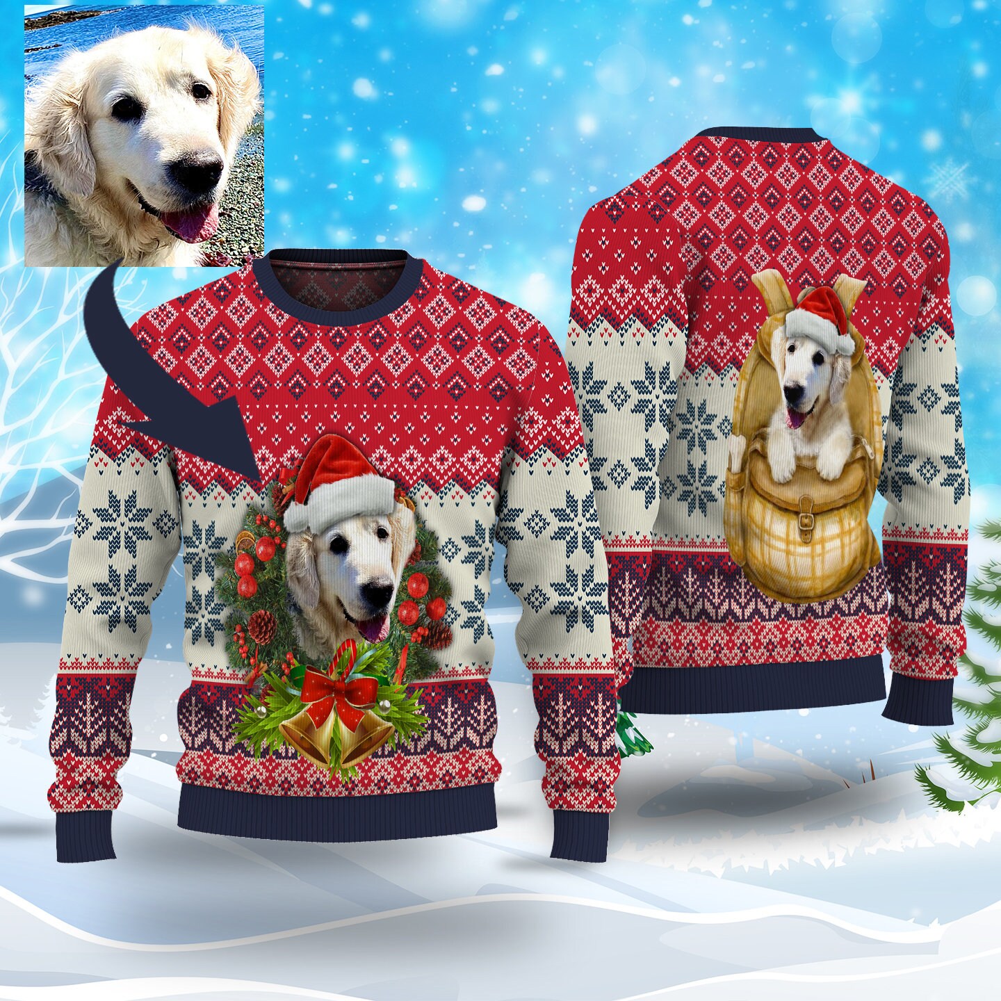 Custom Dog Face Christmas Light Ugly Sweater, Personalized Dog Face ...