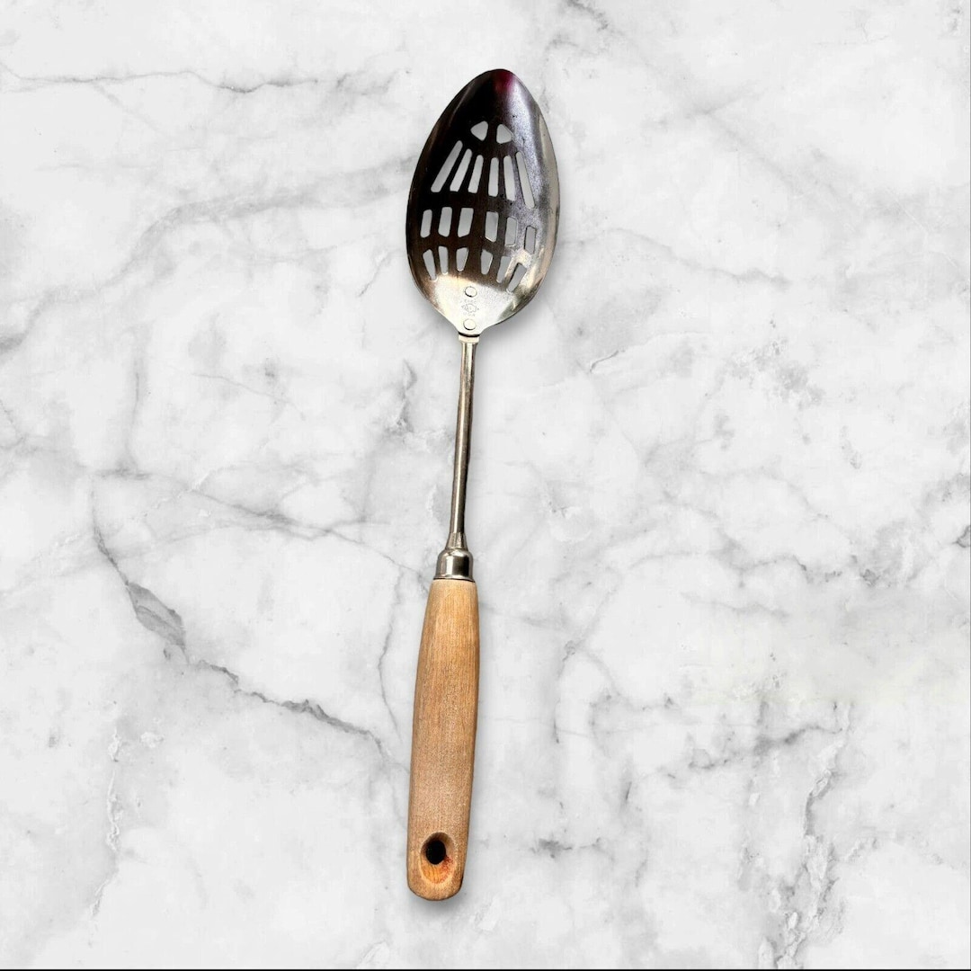 Vintage Ekco Slotted Spoon Stainless Steel USA Made Handle Wood Kitchen ...