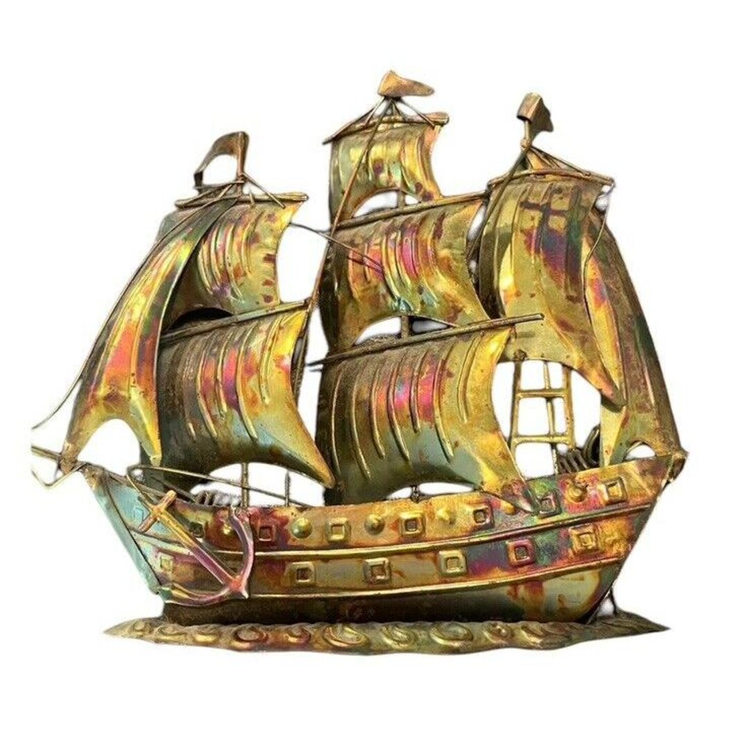 Vintage Copper Tone Metal Sail Boat Ship Sculpture Nautical Nanco HONG ...