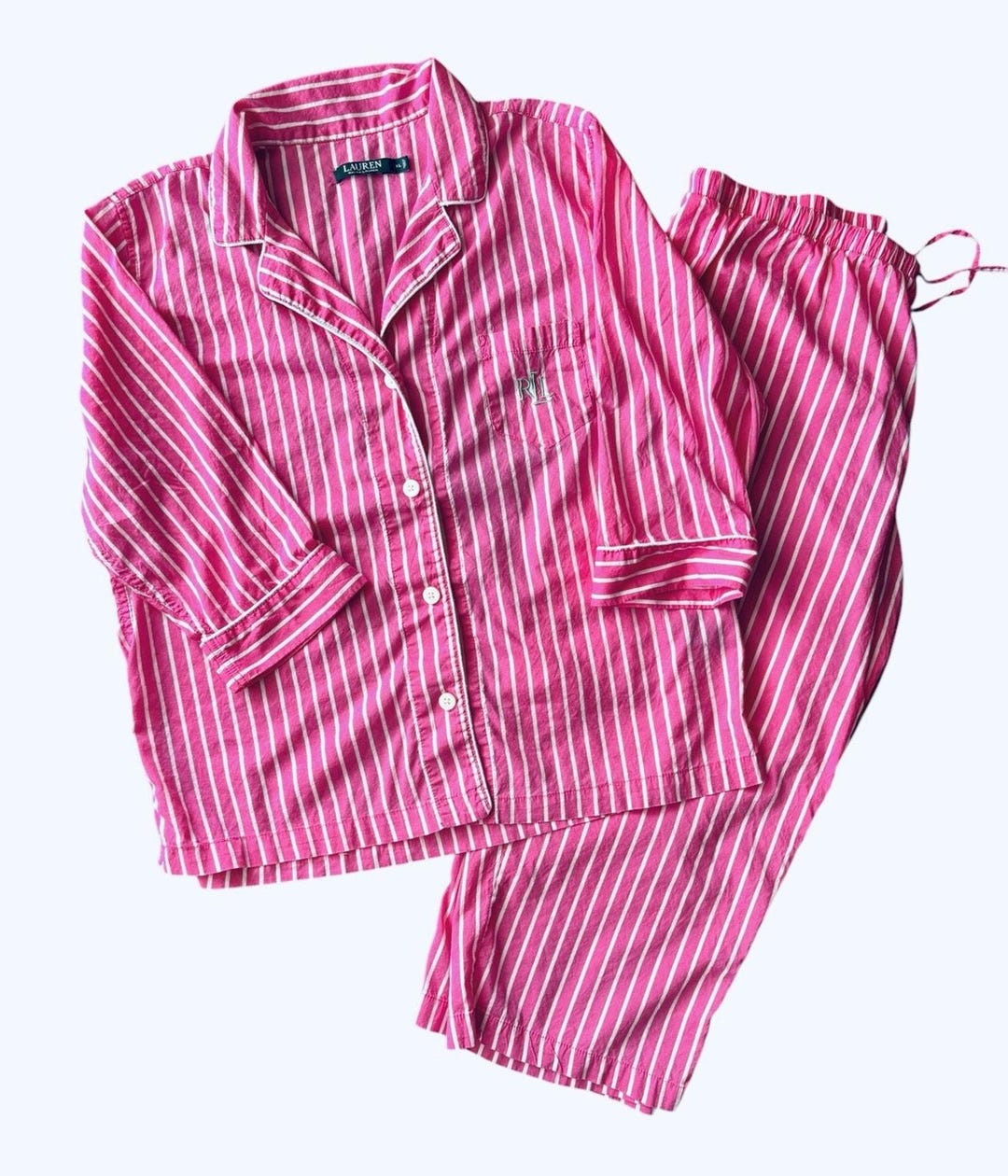 Lauren Ralph Lauren Women's Cotton Pink Capri Striped Pajama 2 Pc XL ...