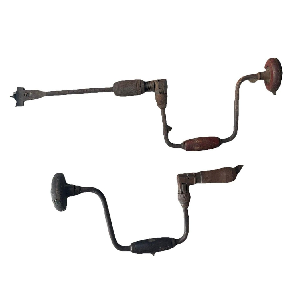 2 Antique VTG Hand Held Crank Drill Screwdriver Wood Handle Turn Knob ...