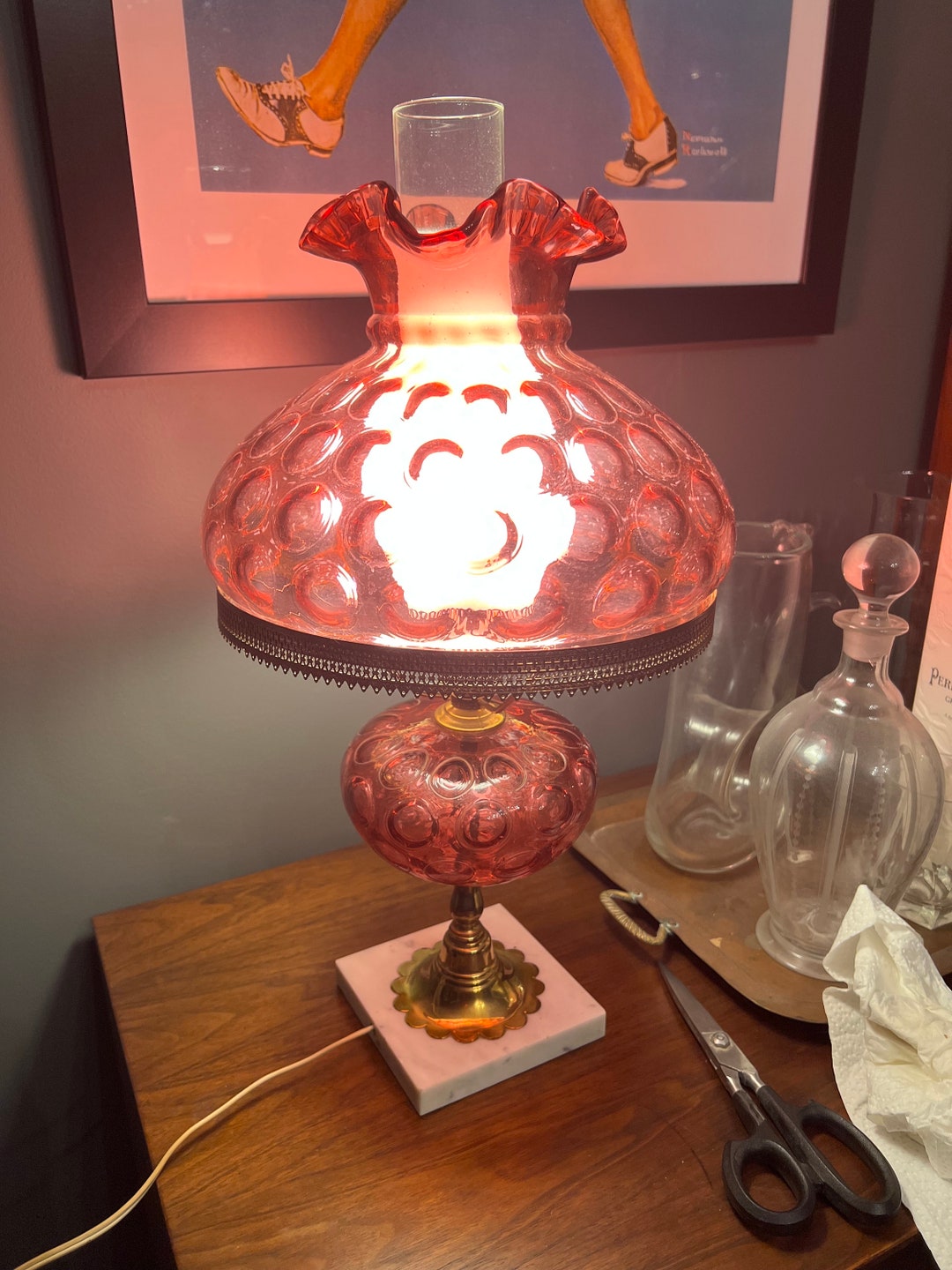 Fenton Cranberry Coin Dot Lamp. Marble Base. Gone With the Wind Lamp ...