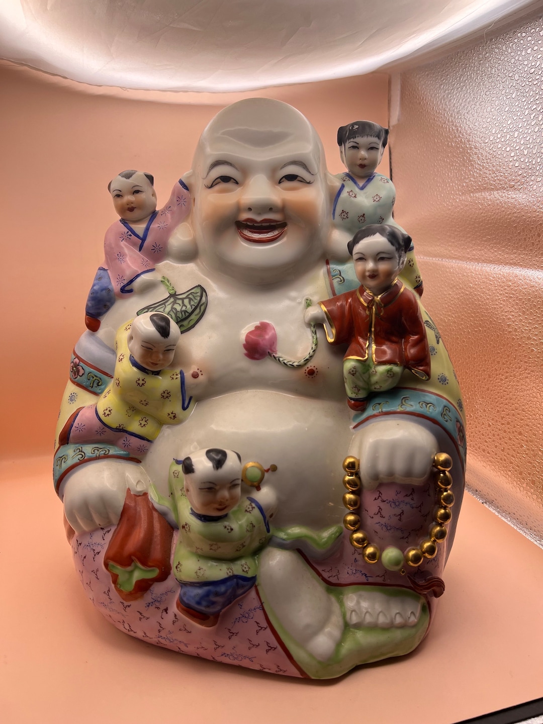 Extra Large Porcelain Laughing Buddha With 5 Children. Pink, White and ...