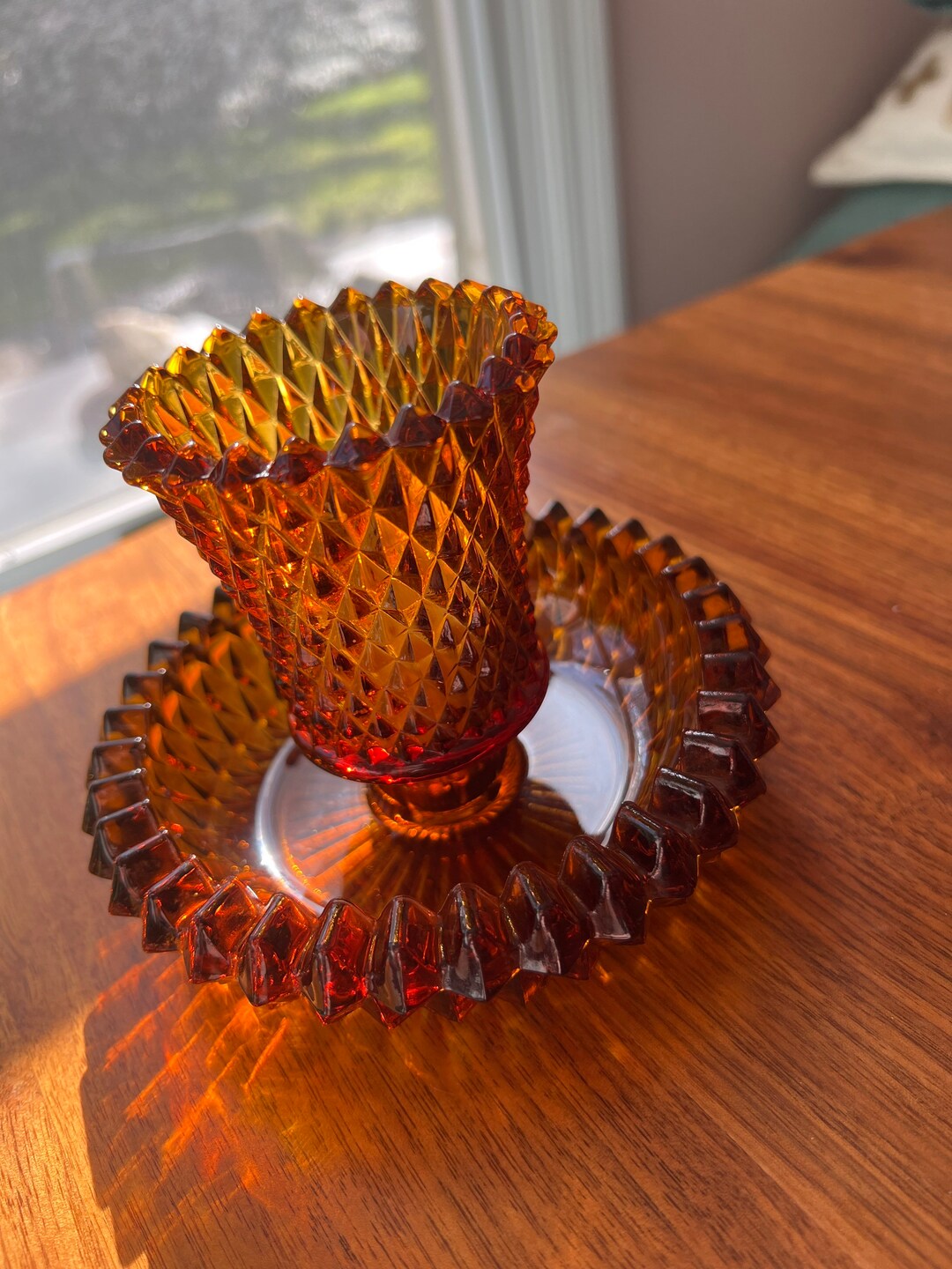 Indiana Glass Diamond Point Amber 2 Piece Glass Candle Holder and ...