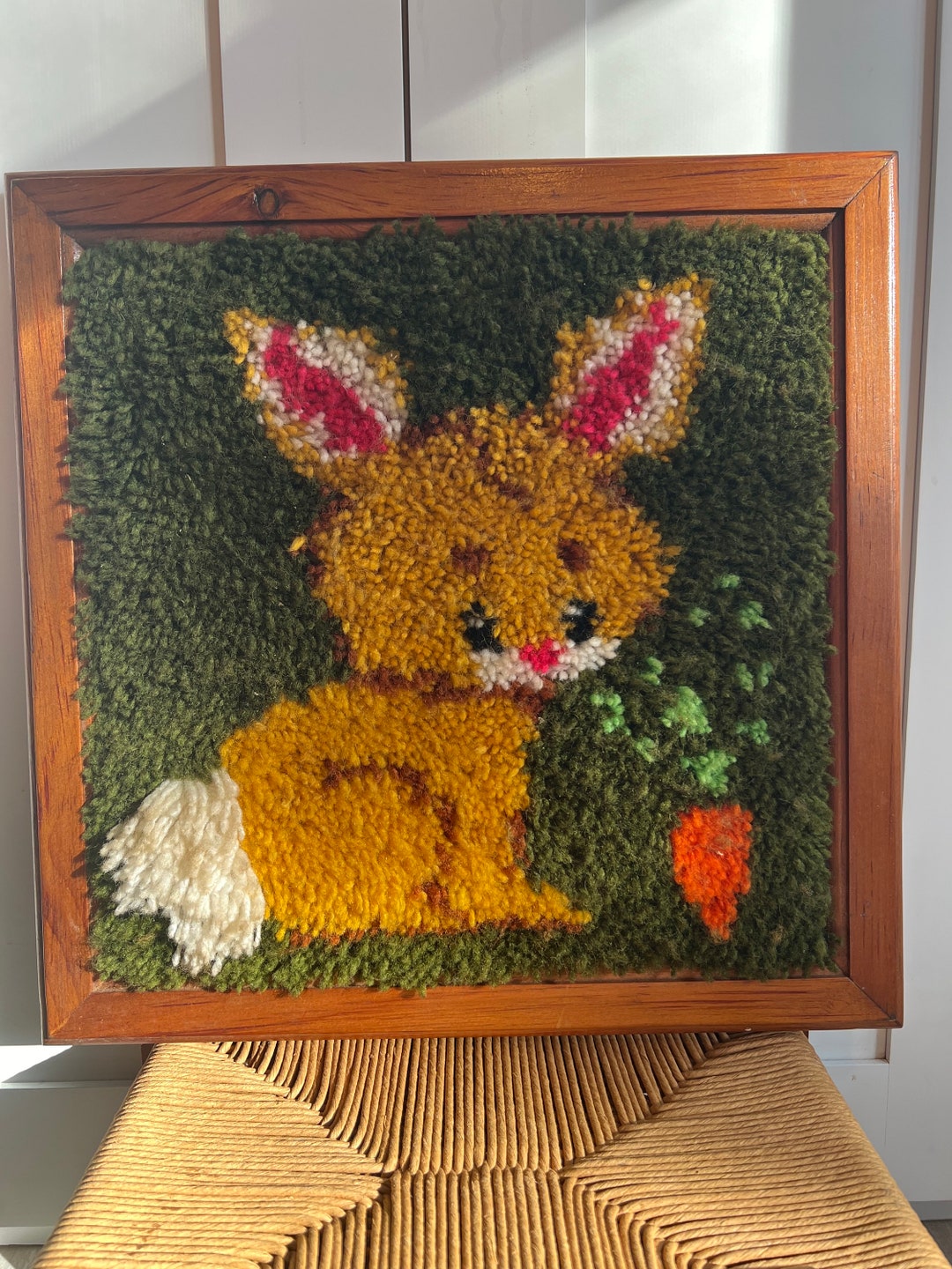 Bunny Rabbit Latch Hook Artwork 1981 Signed. Wooden Frame. Ready to ...