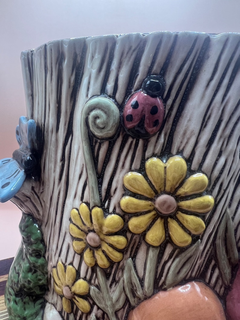 Ceramic Planter. Woodland Creatures. Log With Mushrooms Bird Butterfly ...