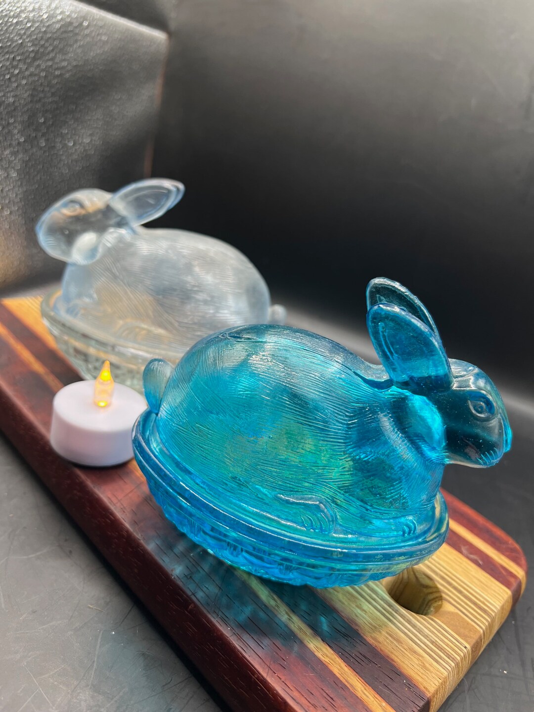 Wilkerson Glass Aqua and Light Blue Bunny Rabbit on Basket Nest - Etsy