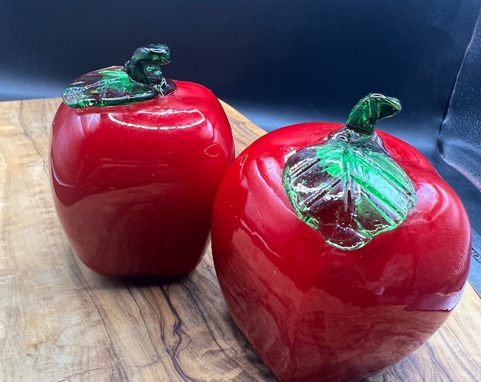 Murano Style Glass Apples, Ruby Red With Green Stems. Art Glass, Blown ...