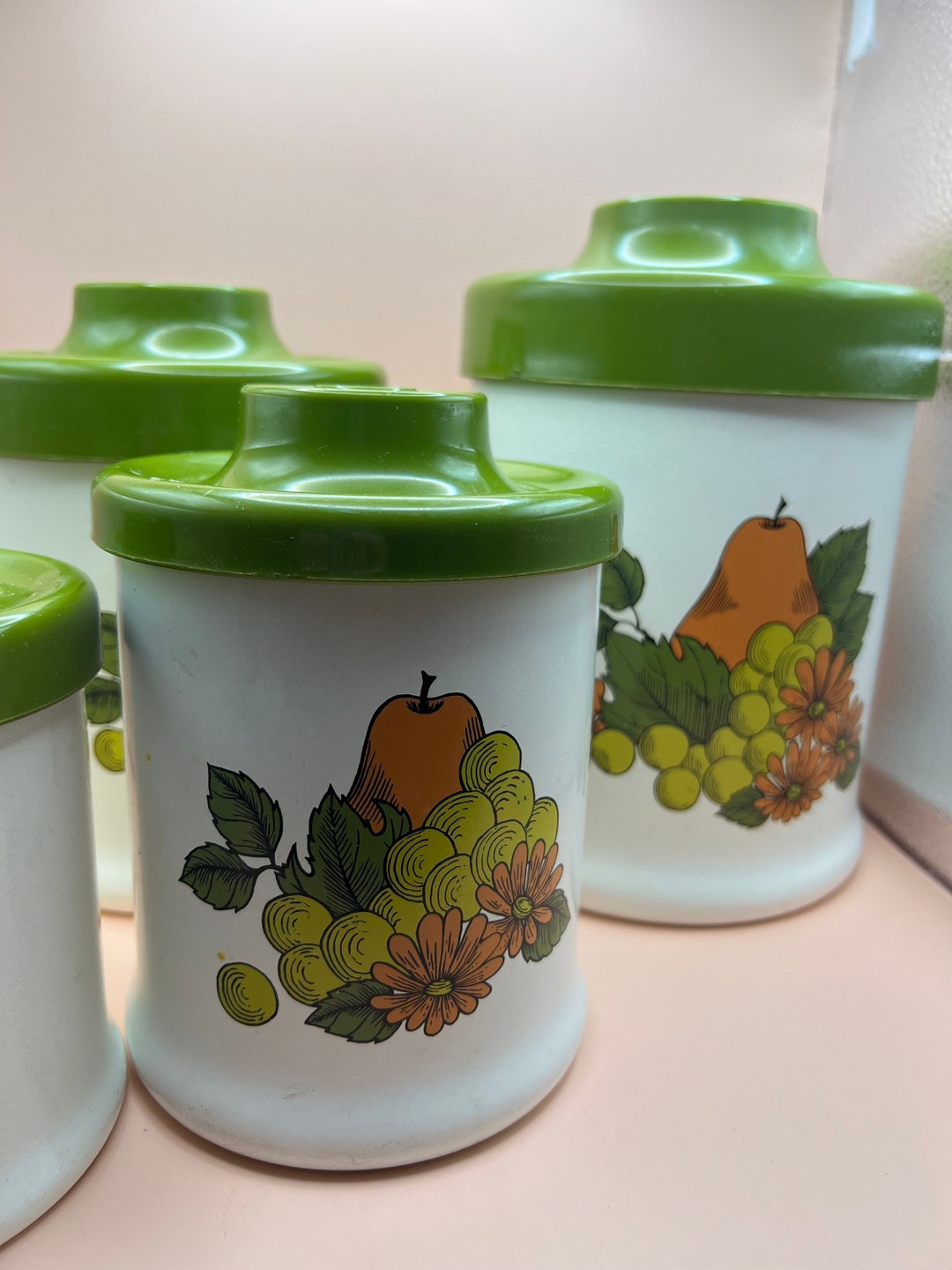 Set of 4 Aluminum Canisters- Plastic Tops, Fruit, Vintage Classic ...