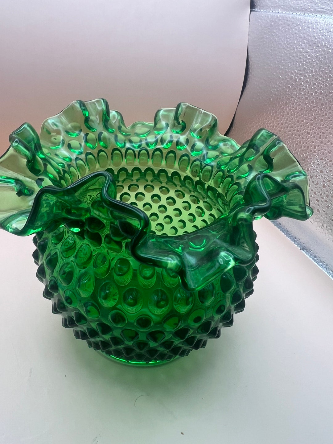 FENTON Emerald Green Vases/fenton Hobnail Vase/ruffled Vase/vintage ...