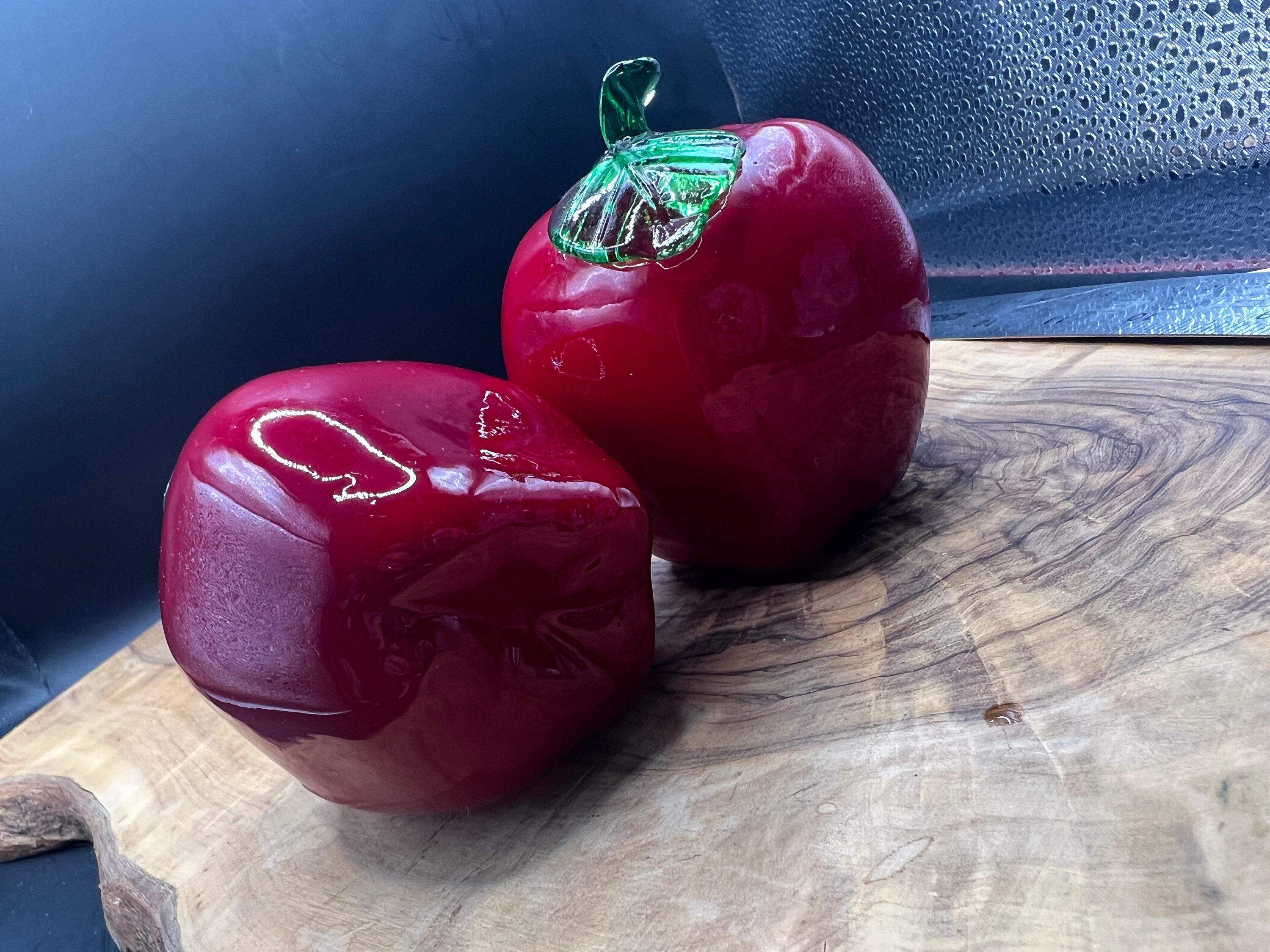 Murano Style Glass Apples, Ruby Red With Green Stems. Art Glass, Blown ...