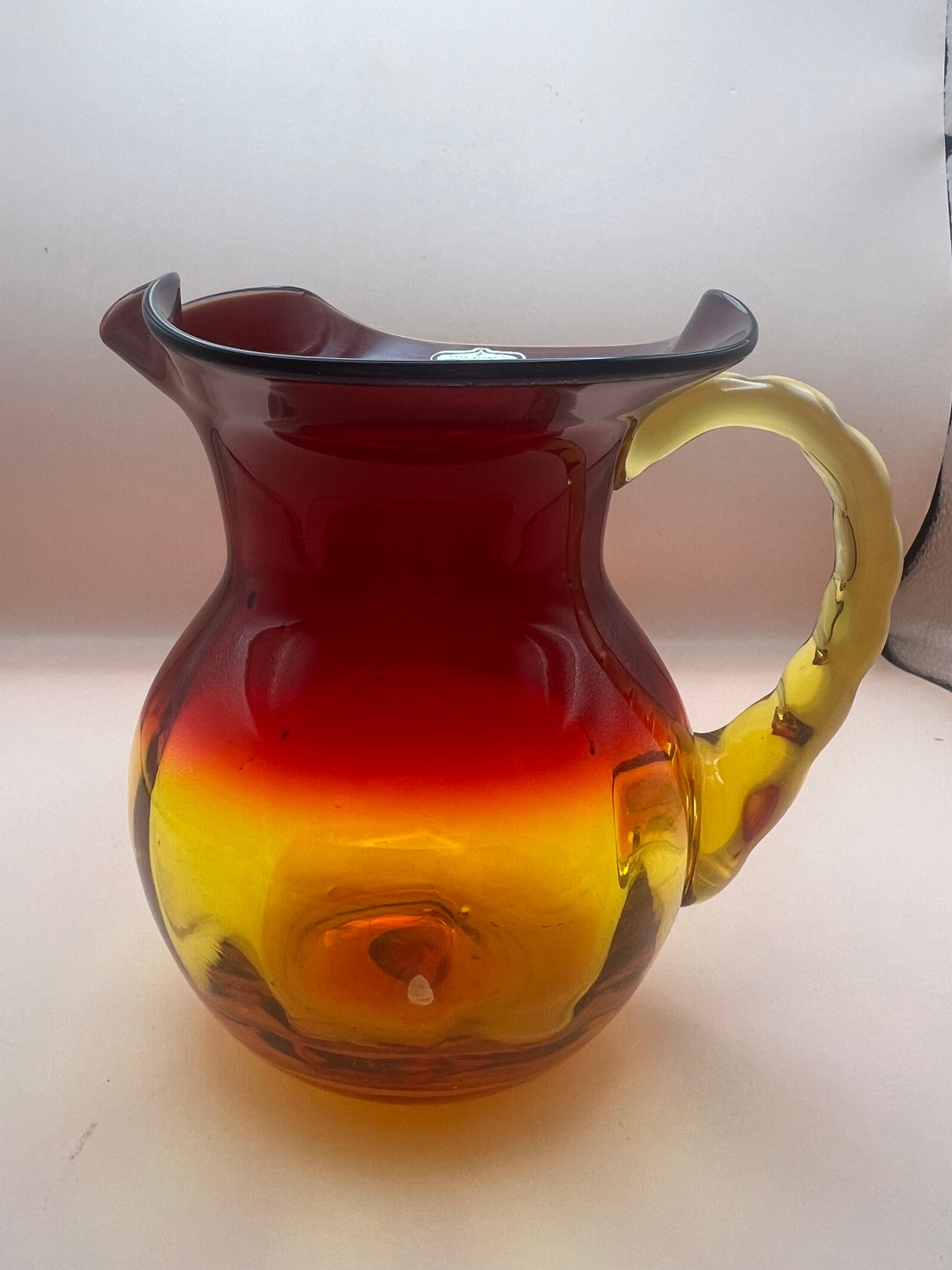 Large Amberina Red/yellow Glass Pitcher. Glows. Hand Blown by Rainbow ...
