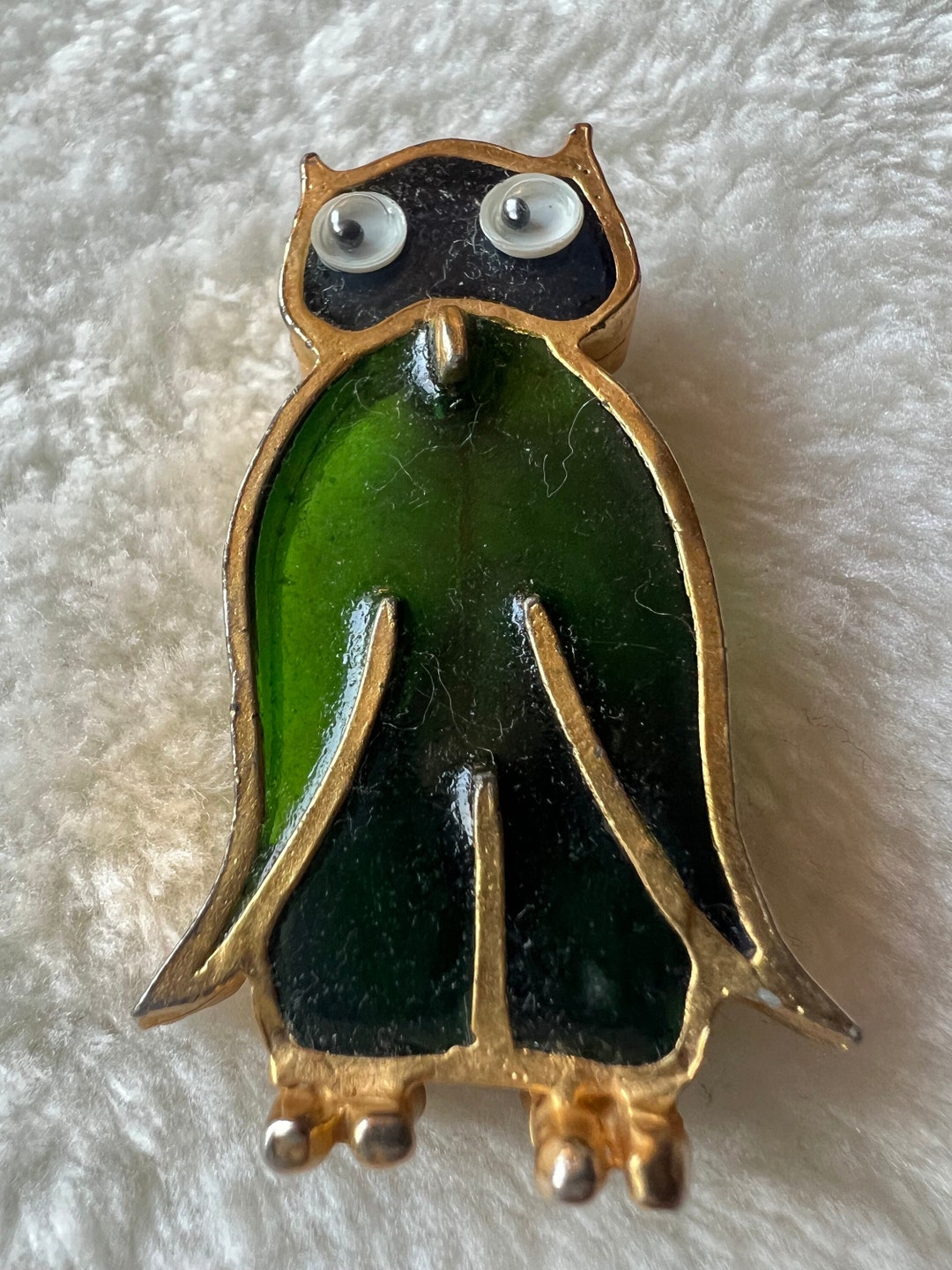 Vintage Owl Pin. Resin, Gold Metal. Googly Eyes. Green/ Blue. Signed by ...