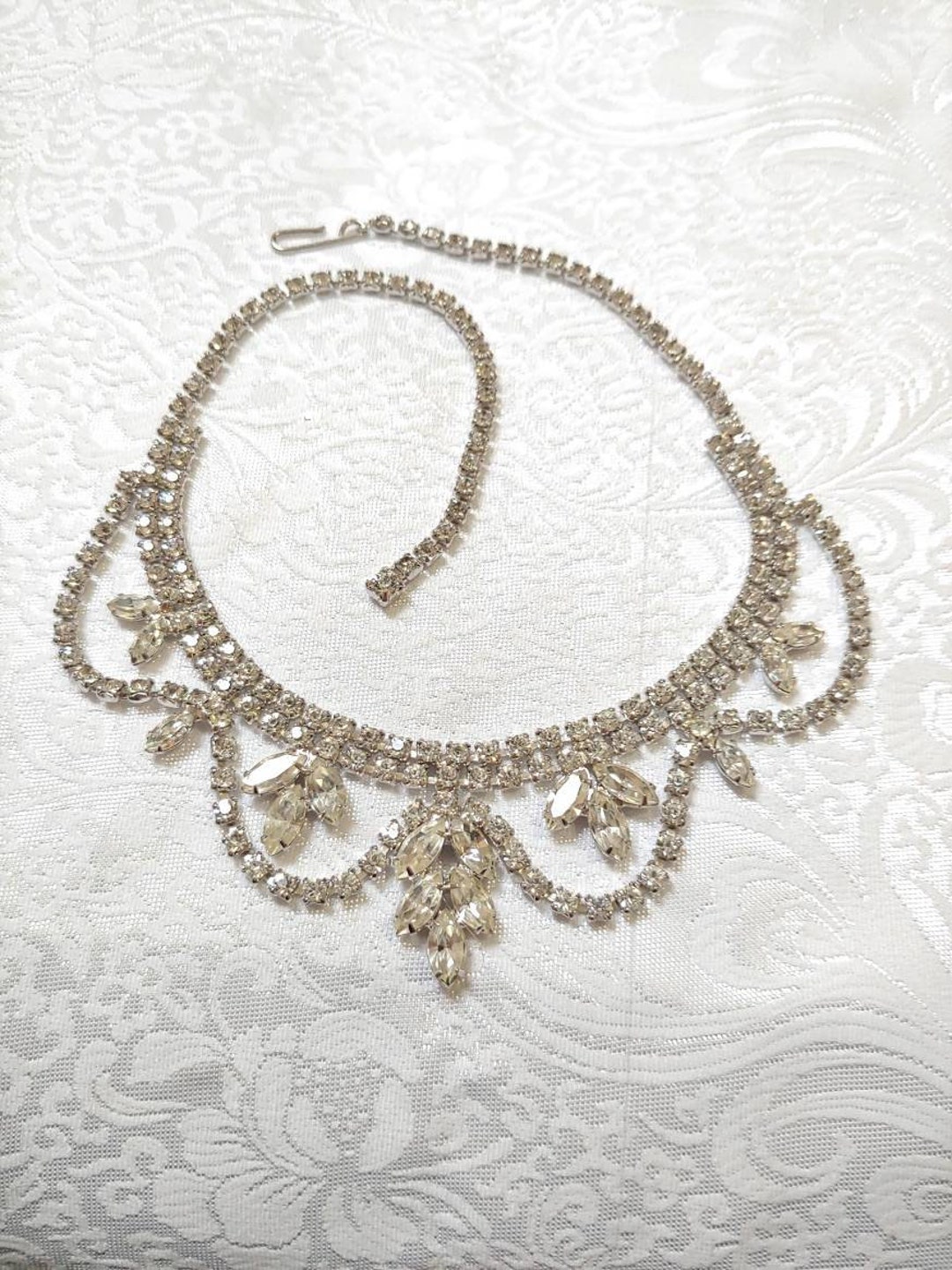 Vintage Detailed Rhinestone Formal Necklace-silver Tone Metal-bridal ...