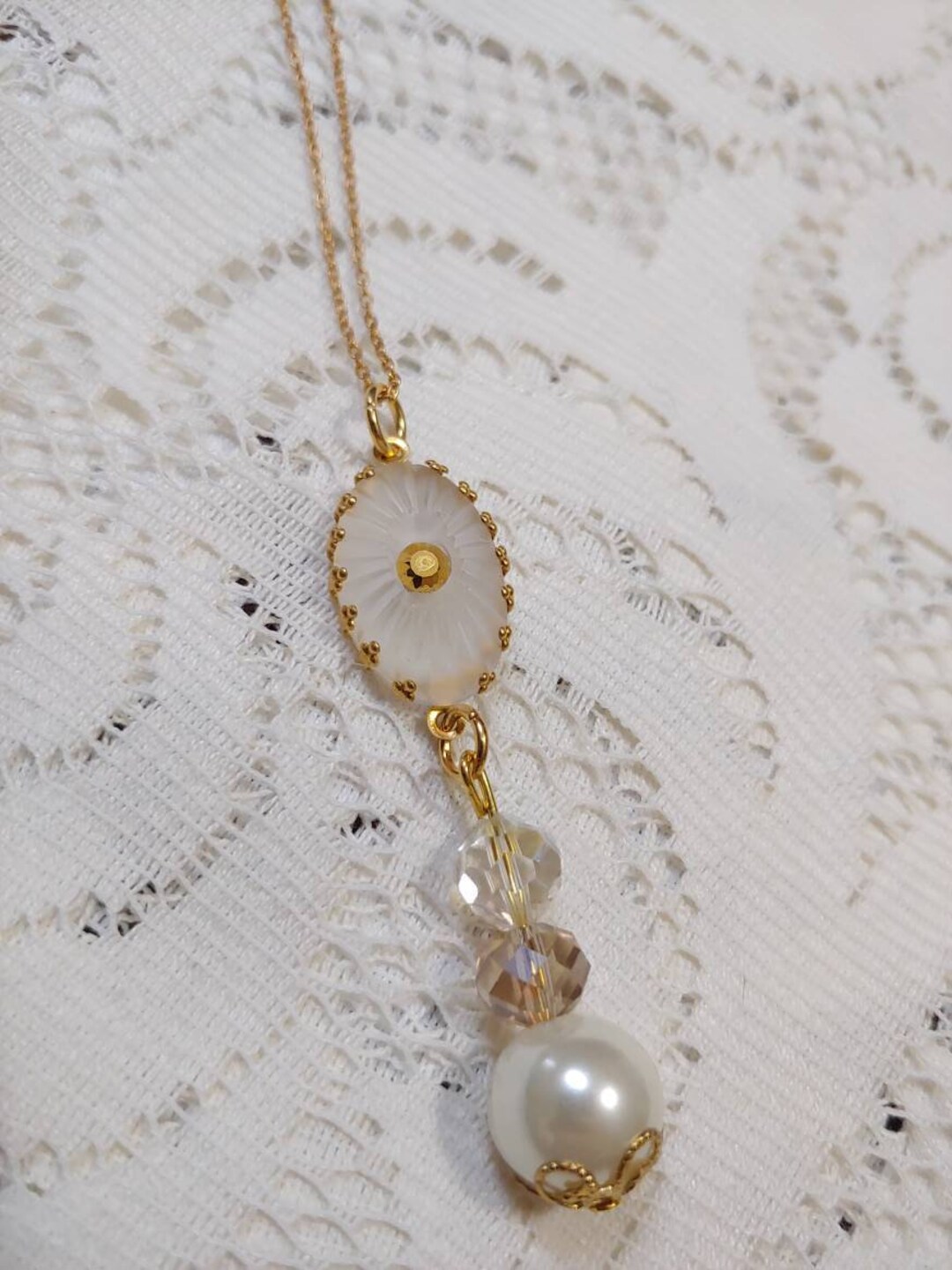 Handmade Vintage Art Deco Camphor Glass Gold Rhinestone Pendant ...