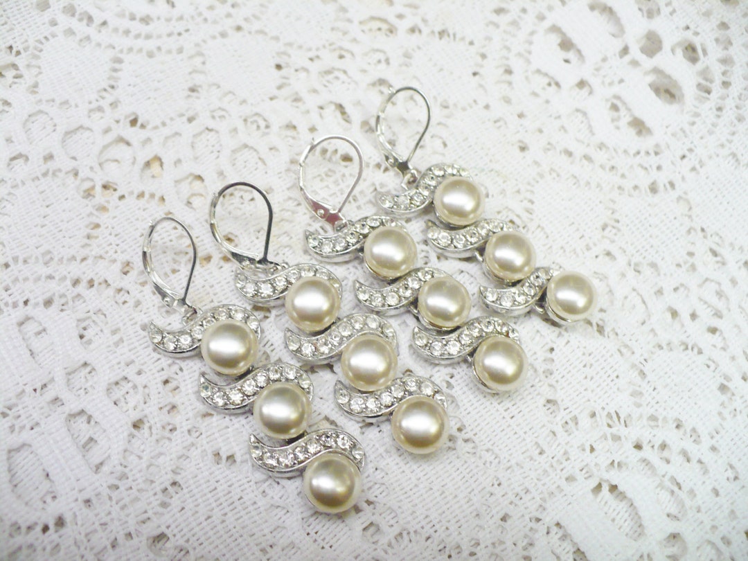 Vintage Repurposed Ivory PEARL & RHINESTONE Dangle Earrings Silver Tone ...