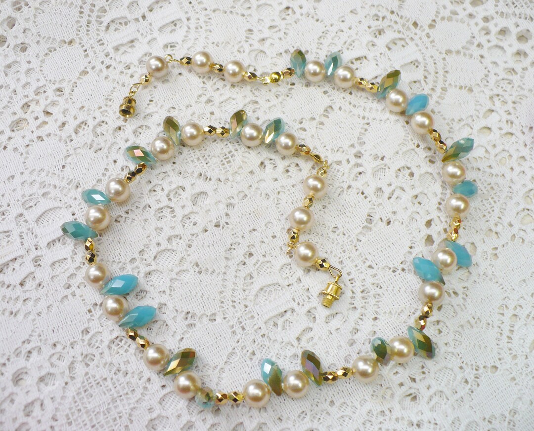OOAK Vintage Hand Strung Ivory Pearl and Aqua/ocean Blue Spashed ...