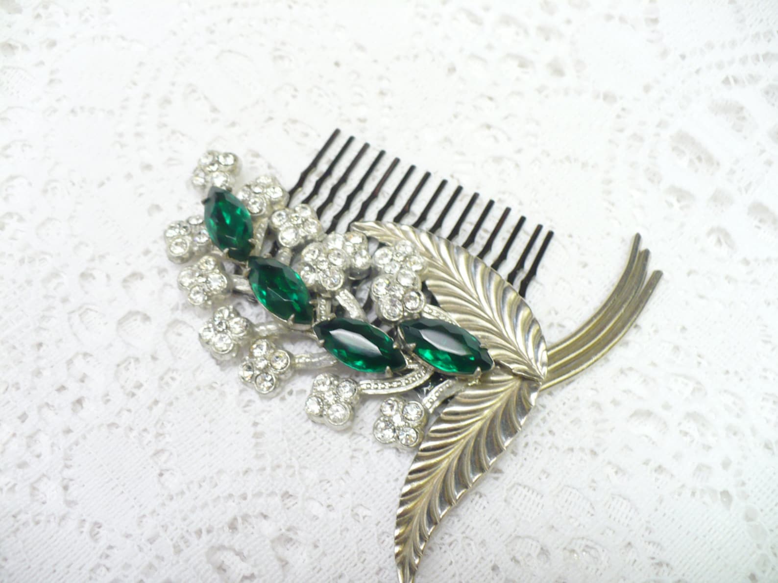 Vintage Bridal or Formal Hair Comb Clear and GREEN | Etsy