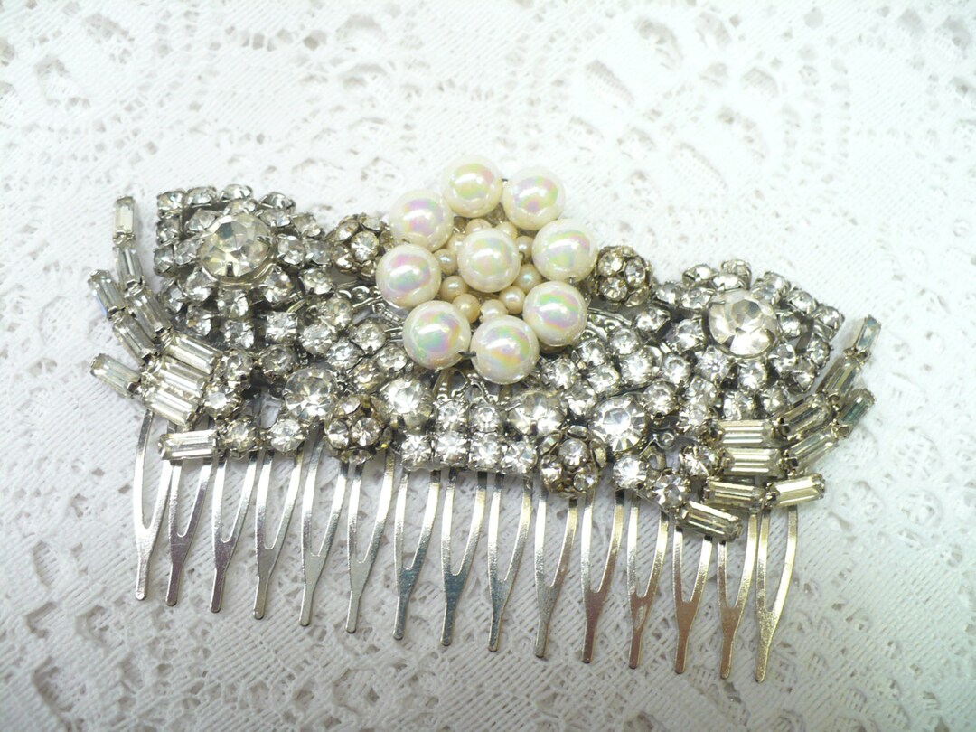Vintage Bridal or Formal Hair Comb - RHINESTONE - Iridescent Faux ...