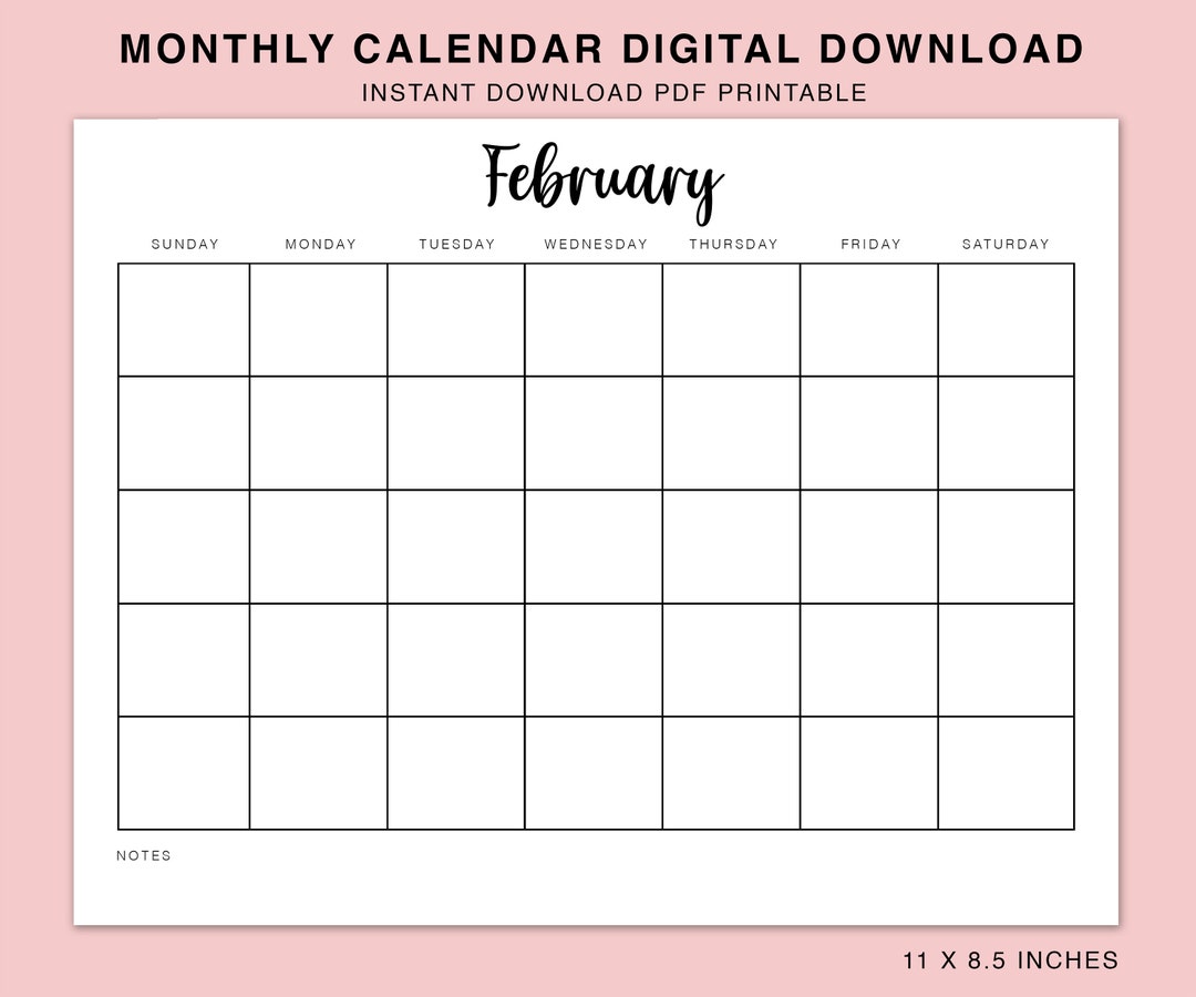 Monthly Blank Calendar, 11 X 8.5 Inches, Horizontal Calendar, Printable ...