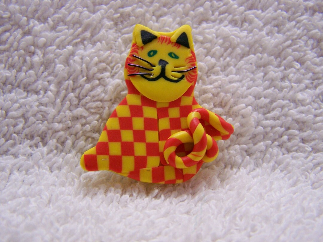 Abstract Red and Yellow Checkerboard Cat Has a Yellow Face. Vintage ...