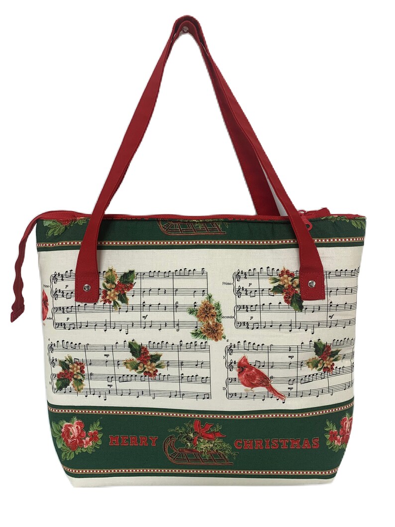 Christmas Cardinal Tote Bag: Music Notes, Padded Zippered Purse - Etsy
