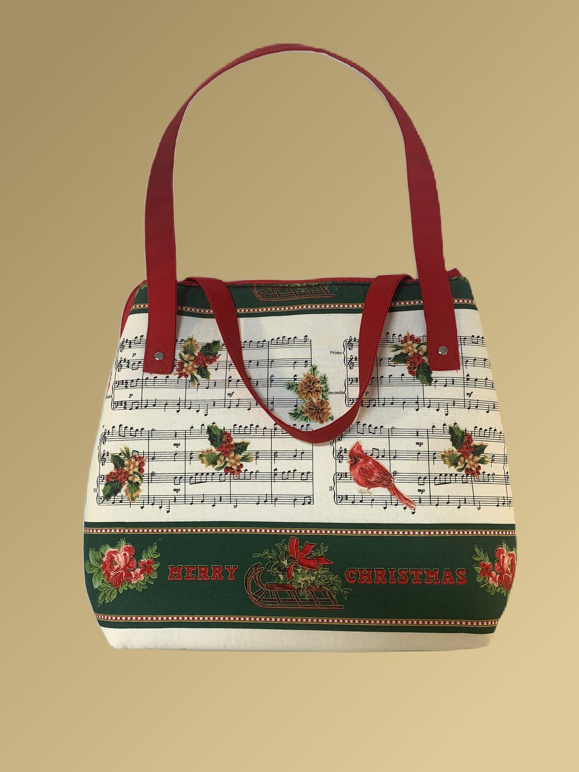 Christmas Cardinal Tote Bag: Music Notes, Padded Zippered Purse - Etsy
