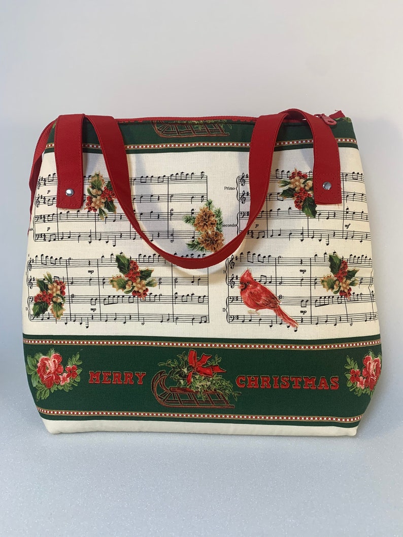 Christmas Cardinal Tote Bag: Music Notes, Padded Zippered Purse - Etsy