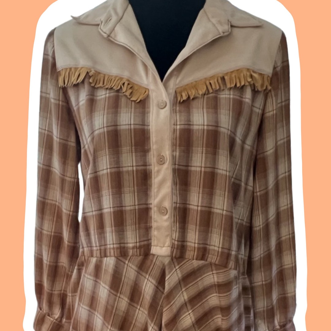 Vintage Beige Plaid Cowgirl Dress With Fringe - Prairie Western Square ...