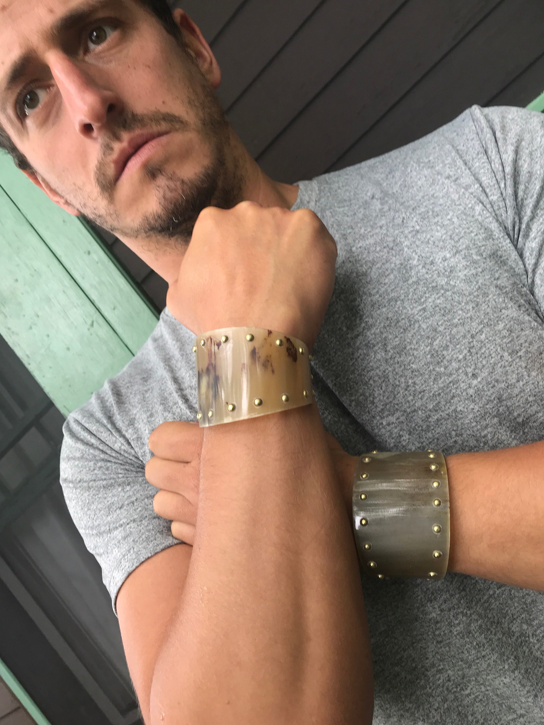 Natural Horn and Brass Stud Cuff Bracelet Set, Eco Modern Vintage ...