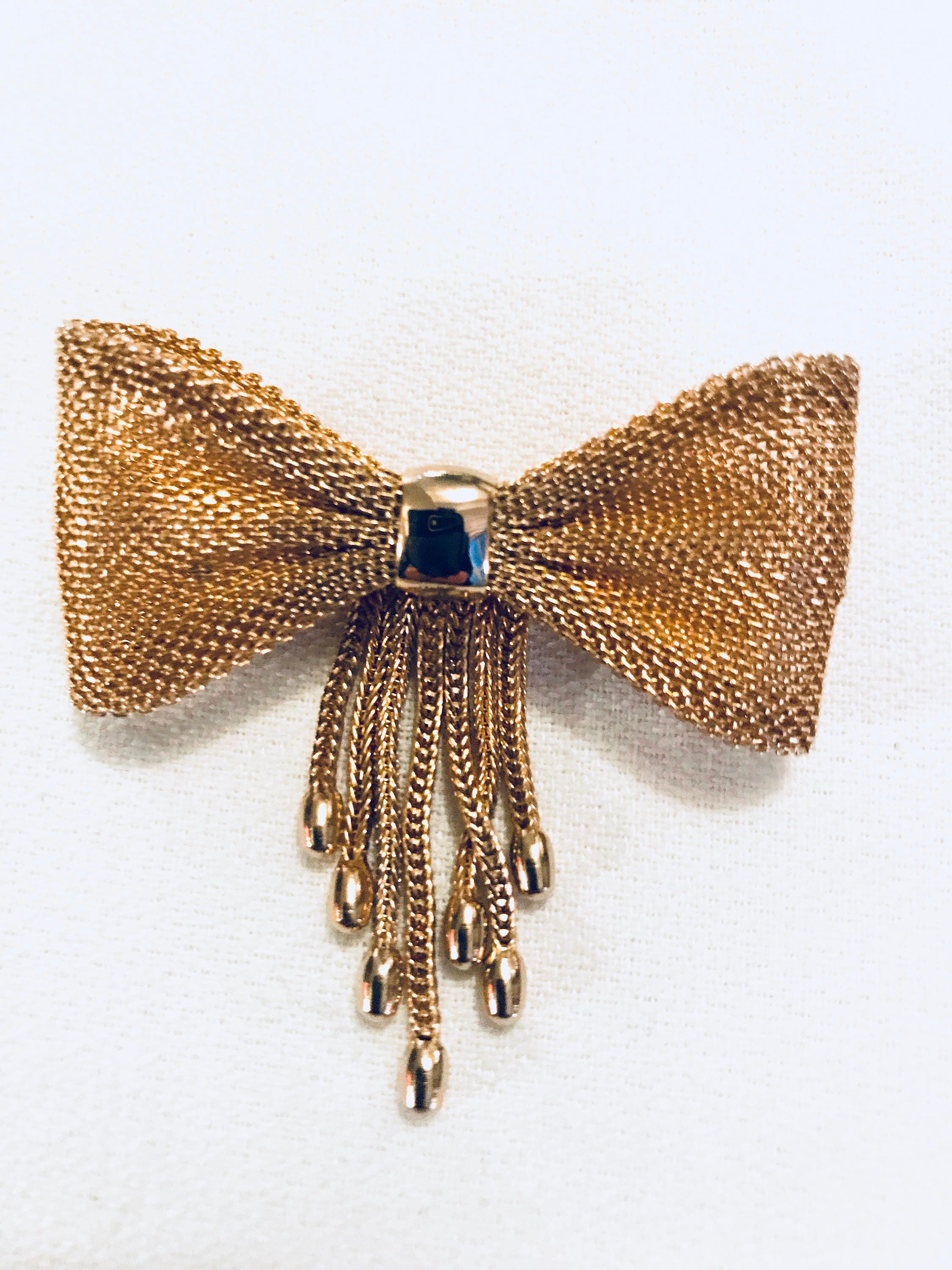 Beautiful Vintage Gold Mesh BOW Brooch Pin with Beaded Foxtail Dangles ...