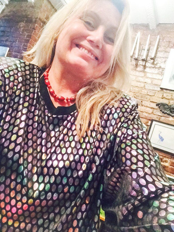 Shimmery Silver Disco Polka Dots on black oversized T… - Gem