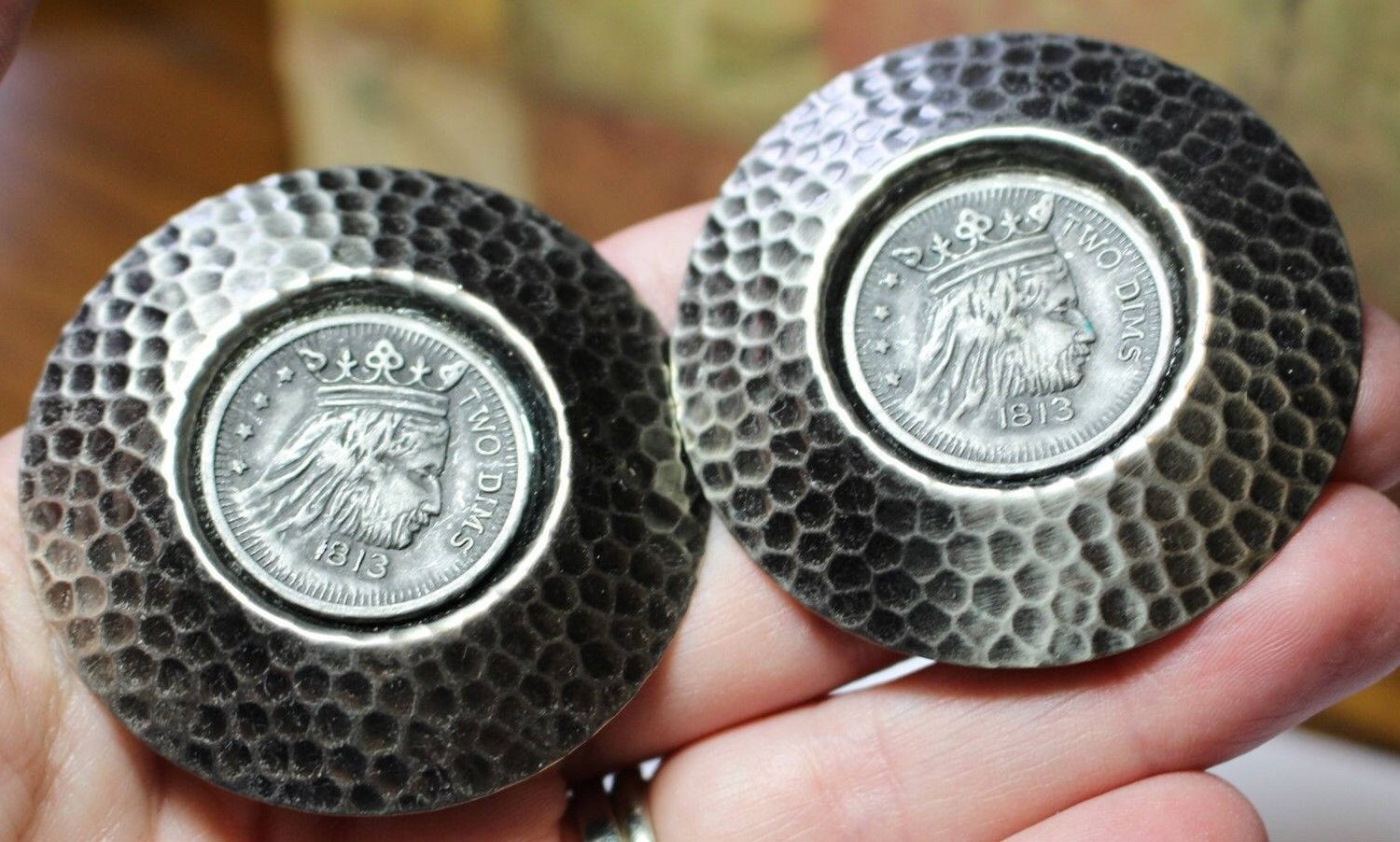 HUGE 2 Inch 1813 Two Dims Coins 80's Big Bling Clip On Gothic Statement ...