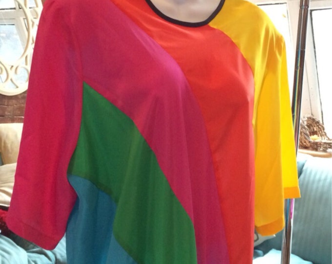Blousy Oversized Rainbow Color Blocked Top, Vintage 1980's Big Summer ...