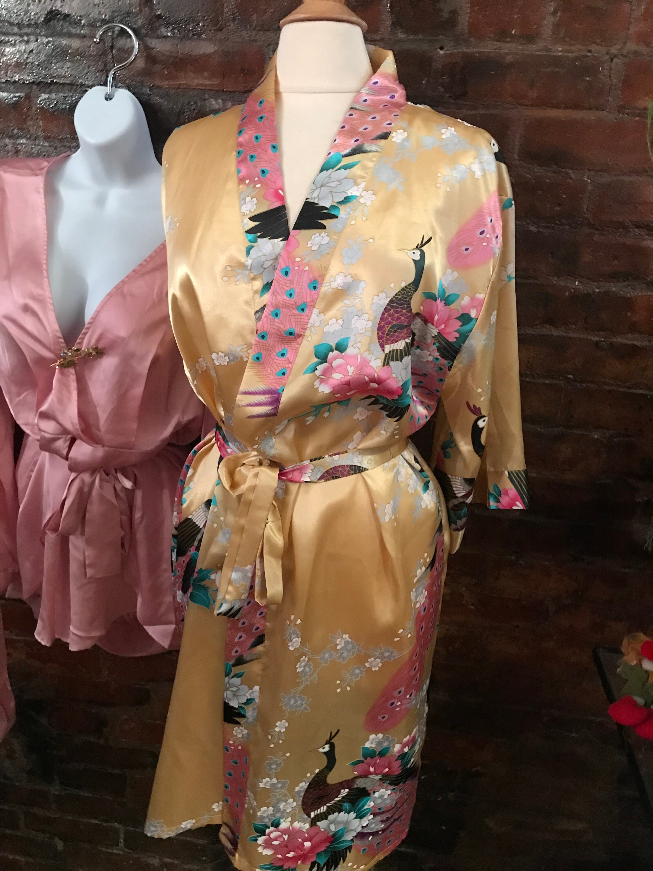 Goldenrod Yellow Floral Kimono Robe With Sash And Inside Ties Washable